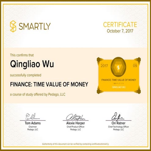 Qingliao wu finance- time value of money-certificate | PDF