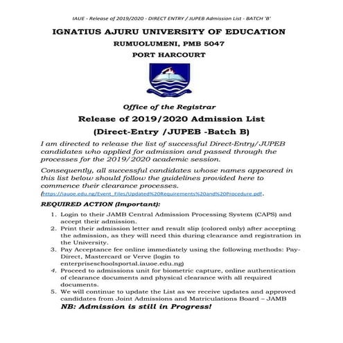 IAUE 2nd Batch Direct Entry/JUPEB Admission List For 2019/2020 Session ...