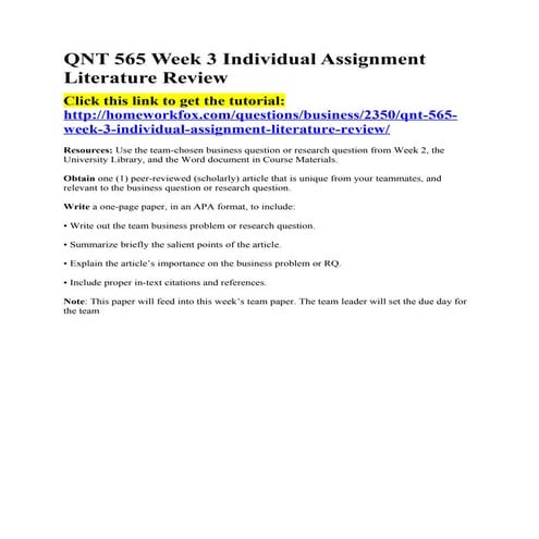 Qnt 565 week 3 individual assignment literature review | DOC | Educational Assessment | Education