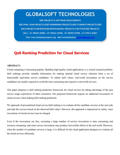 DOTNET 2013 IEEE CLOUDCOMPUTING PROJECT Qos ranking prediction for ... DOTNET 2013 IEEE CLOUDCOMPUTING PROJECT Qos ranking prediction for ...
