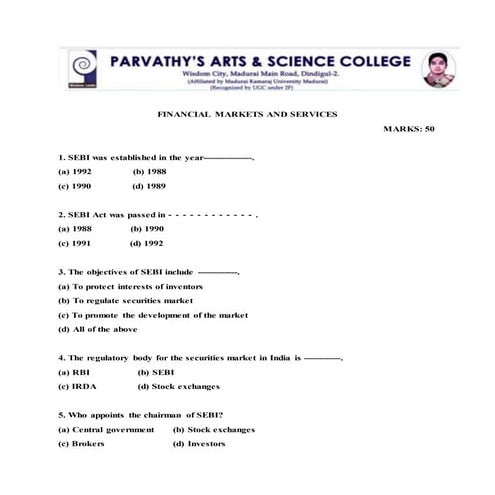 financial markets and services question paper one mark hariharan23900 ...