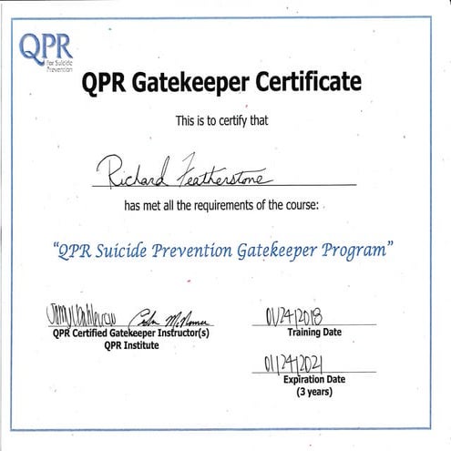 QPR Suicide Prevention Gatekeeper Program Certificate | PDF