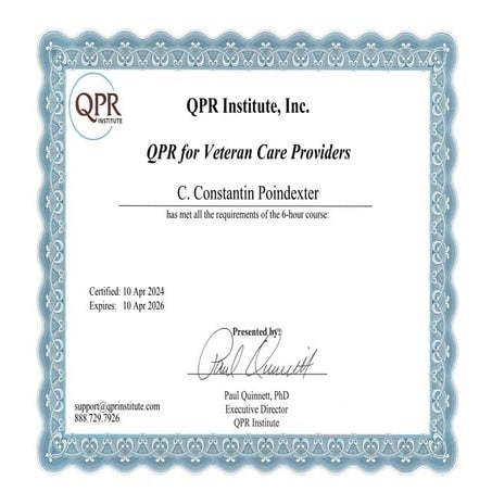 QPR Veteran's Suicide Certification - Constantin Poindexter | PDF