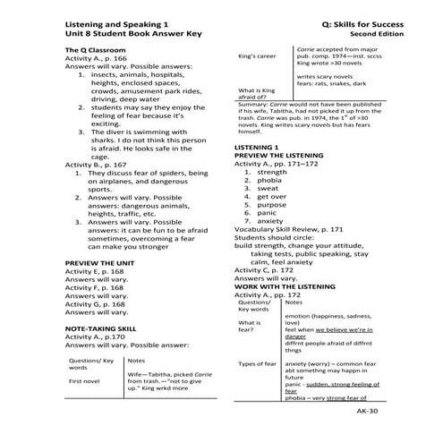 QSkills LS1_Unit 8_ANSWER KEY.pdf ( Listening and Speaking) | PDF