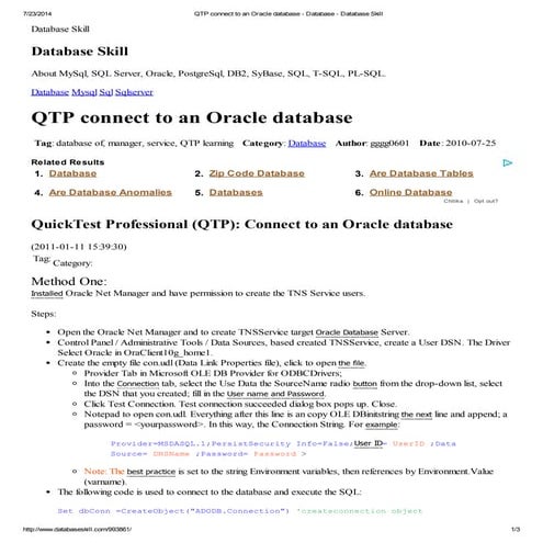 Qtp Connect To An Oracle Database Database Database Skill Pdf 2424