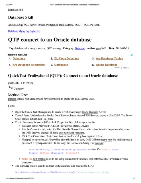 Qtp Connect To An Oracle Database Database Database Skill Pdf 2424
