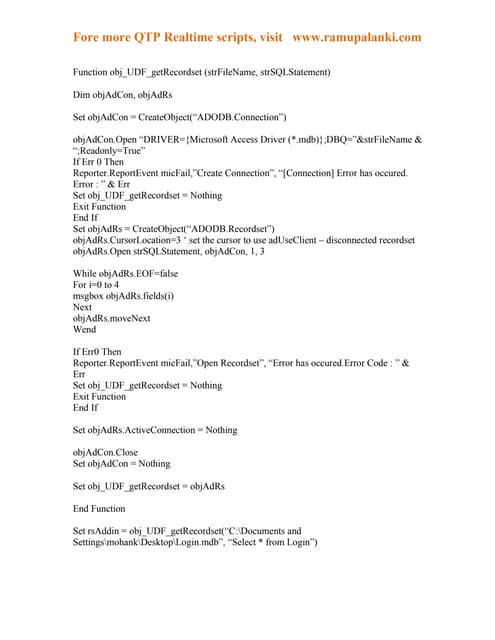 Qtp script to connect access database | PDF Qtp script to connect access database | PDF