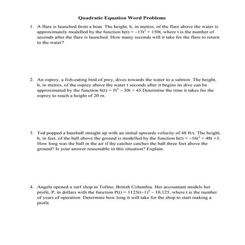 Quadratic equation word problems | DOCX