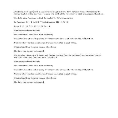 Quadratic Probing Algorithm Uses Two Hashing Functions First Functiondocx 6768