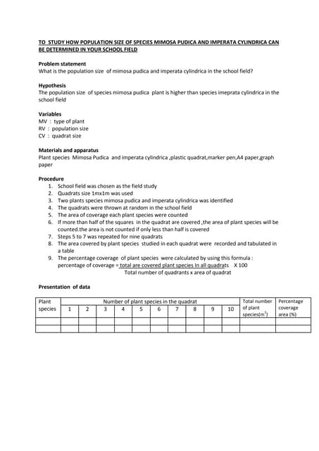 Study the plant population density by quadrat method | DOCX ...