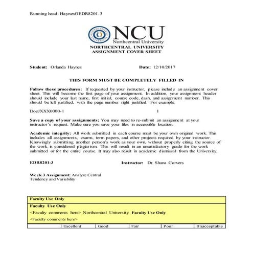 EDR8201 Week 3 Assignment: Analyze Central Tendency and Variability | PDF