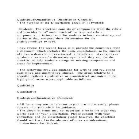 QualitativeQuantitative Dissertation Checklist· The purpose of | DOCX ...