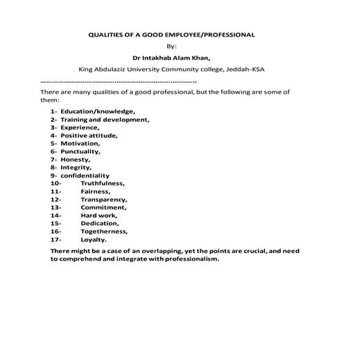 Qualities of a good employee | DOCX