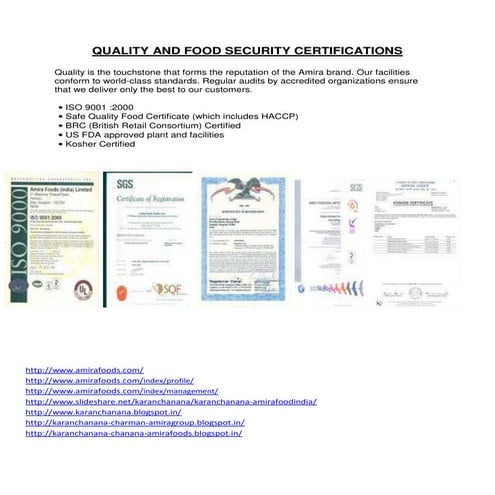 Quality and food security certifications Amira Nature Foods | PDF