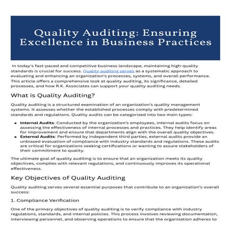 Quality Auditing: Ensuring Excellence in Business Practices | PDF