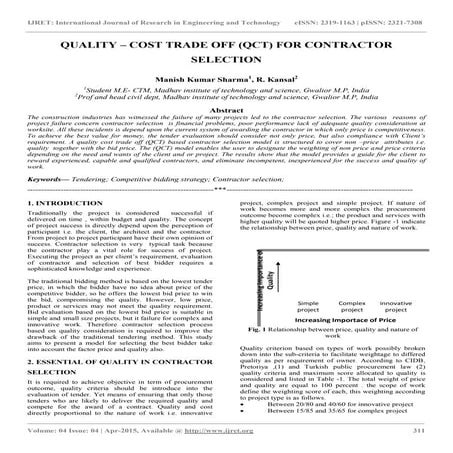 Quality – cost trade off (qct) for contractor selection | PDF