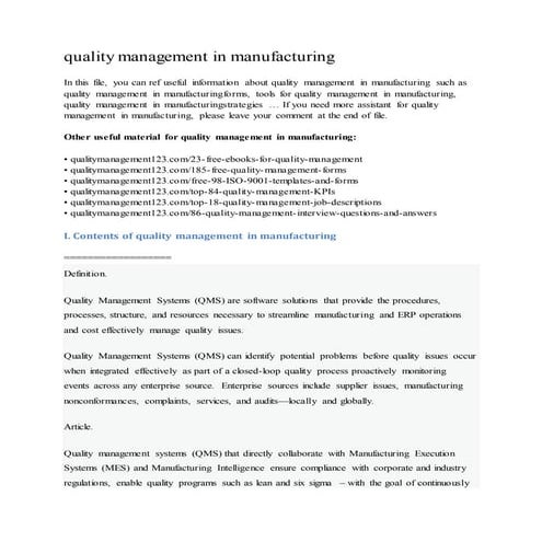 Quality management in manufacturing | DOCX