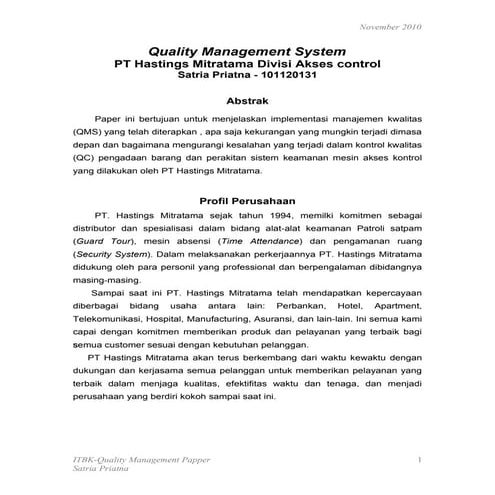 Quality Management PT Hastings Mitratama | DOC