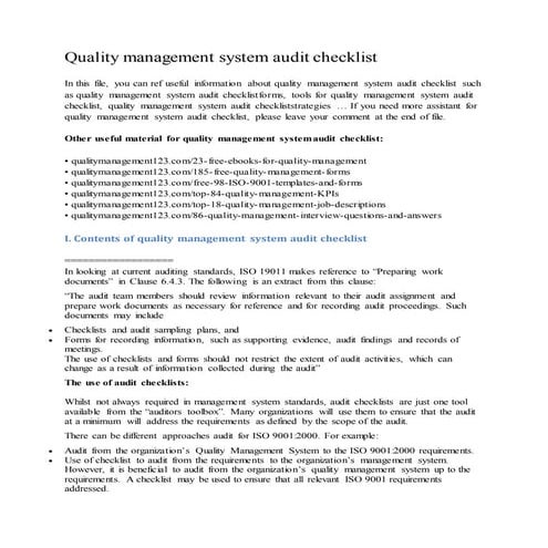 Quality management system audit checklist | DOCX