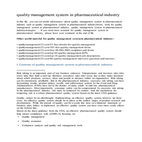 Quality management system in pharmaceutical industry | DOCX