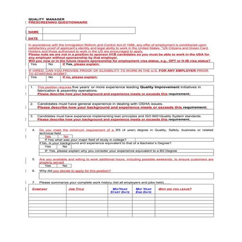 Quality mgr prescreening questionnaire | DOC