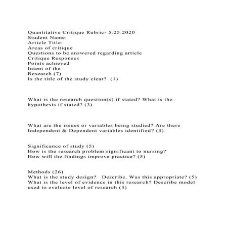 Quantitative Critique Rubric- 5.25.2020Student Name .docx