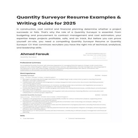 Quantity Surveyor Resume Examples & Writing Guide for 2025 | PDF