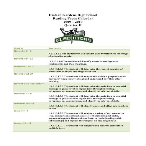 Quarter II Instructional Focus Calendar | PDF