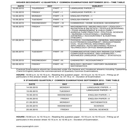Common Quarterly examinations time table for x and xii 2015 | PDF
