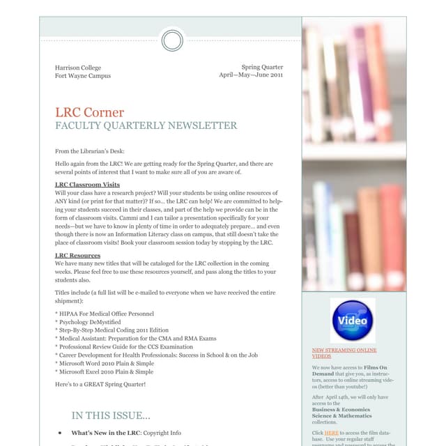 Quarterly Faculty Newsletter Spring 2011 | PDF