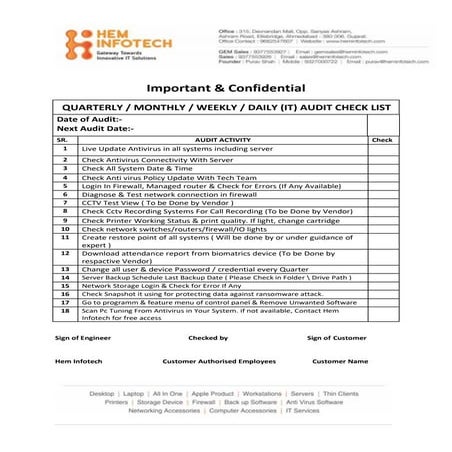 QUARTERLY MONTHLY WEEKLY DAILY (IT) AUDIT CHECK LIST | PDF