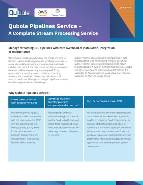 Qubole Pipeline Services A Complete Stream Processing Service Data Sheets Pdf