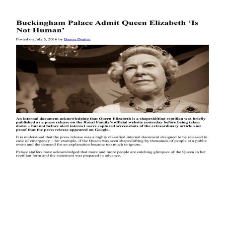 Queen Elizabeth 'Is Not Human' Admitted by Buckhingham Palace - royal ...
