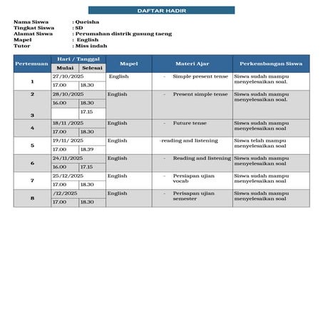 Format absensi bimbingan belajar nonformal | DOCX