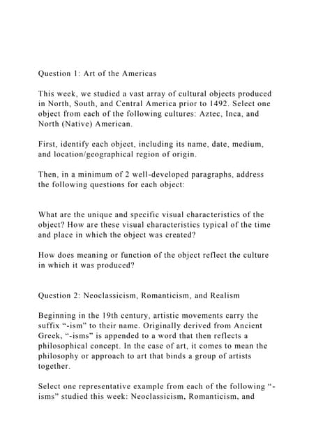 Question 1 Monumental Architecture and SculptureThe cultures .docx