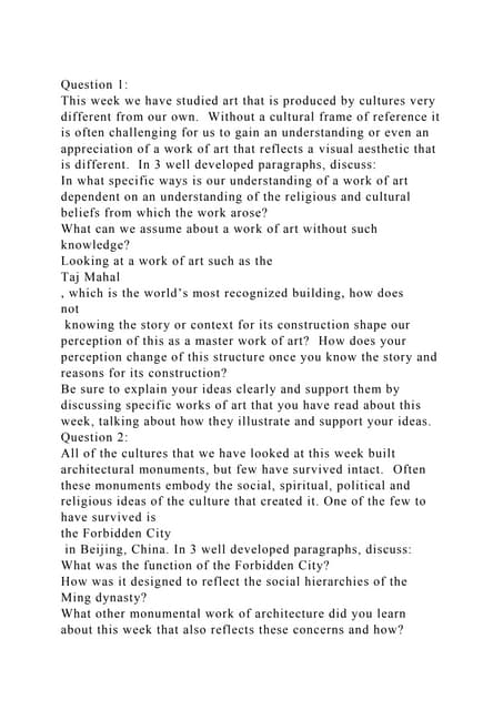 Question 1 Monumental Architecture and SculptureThe cultures .docx