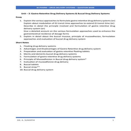M.Pharm - Question Bank - Drug Delivery Systems | PDF