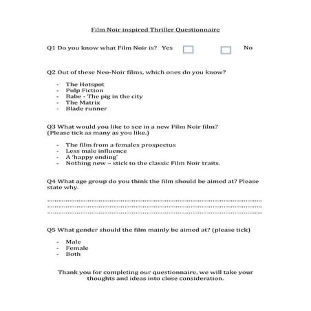 Film Noir Inspired Questionnaire | PDF