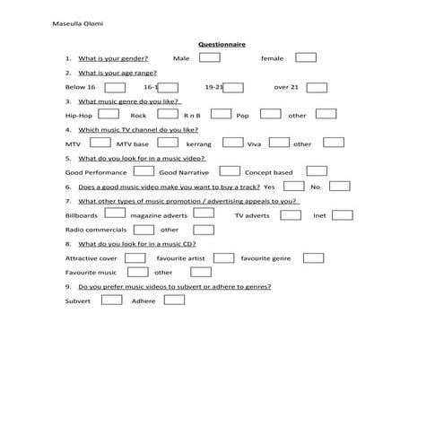 Questionnaire | DOC | Music | Entertainment