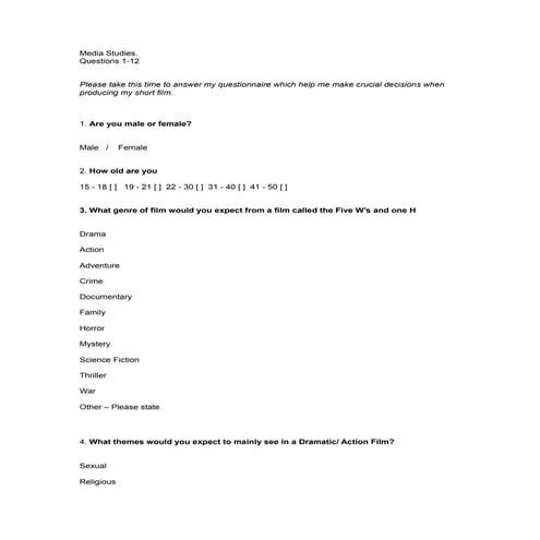 Short films questionnaire | DOCX