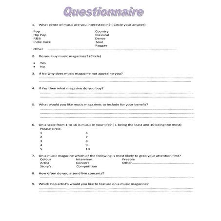 Pop magazine questionnaire