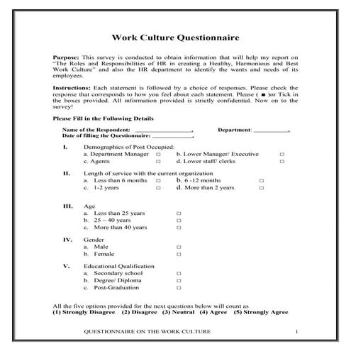 Questionnaire on Work Culture | DOC