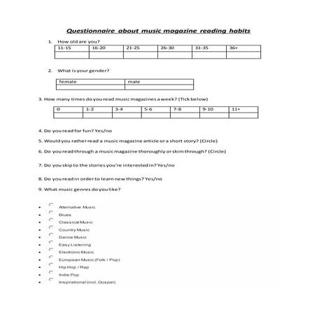 Questionnaire about music magazine reading habits | DOCX | Variety ...