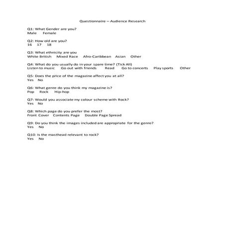 Graphs with questionnaire