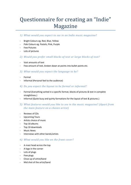 Questionnaire for creating a rock magazine | PDF