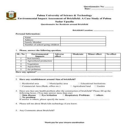 Questionnaire on Environmental Impact Assessment of Brickfield | PDF