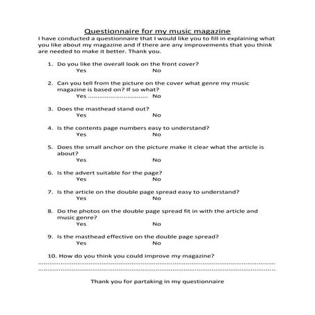 Questionnaire for my music magazine | PDF