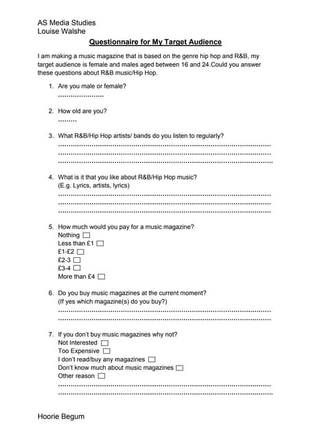 Pop magazine questionnaire