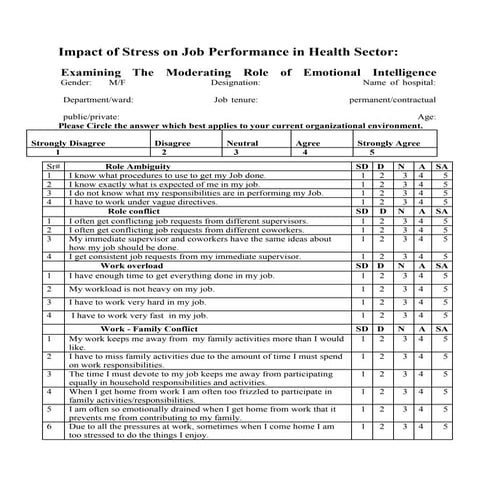 Questionnaire Impact of Stress on Job Performance in Health Sector | PDF