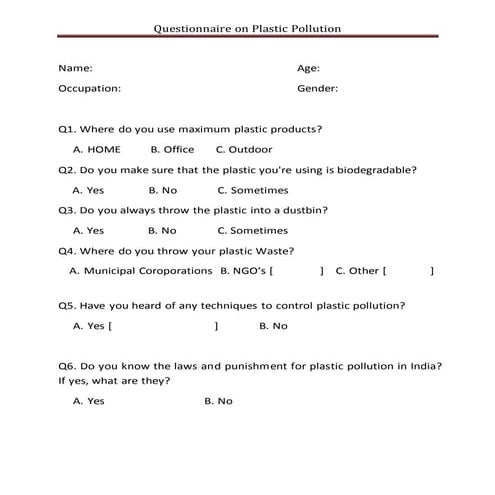Questionnaire on plastic pollution | PDF